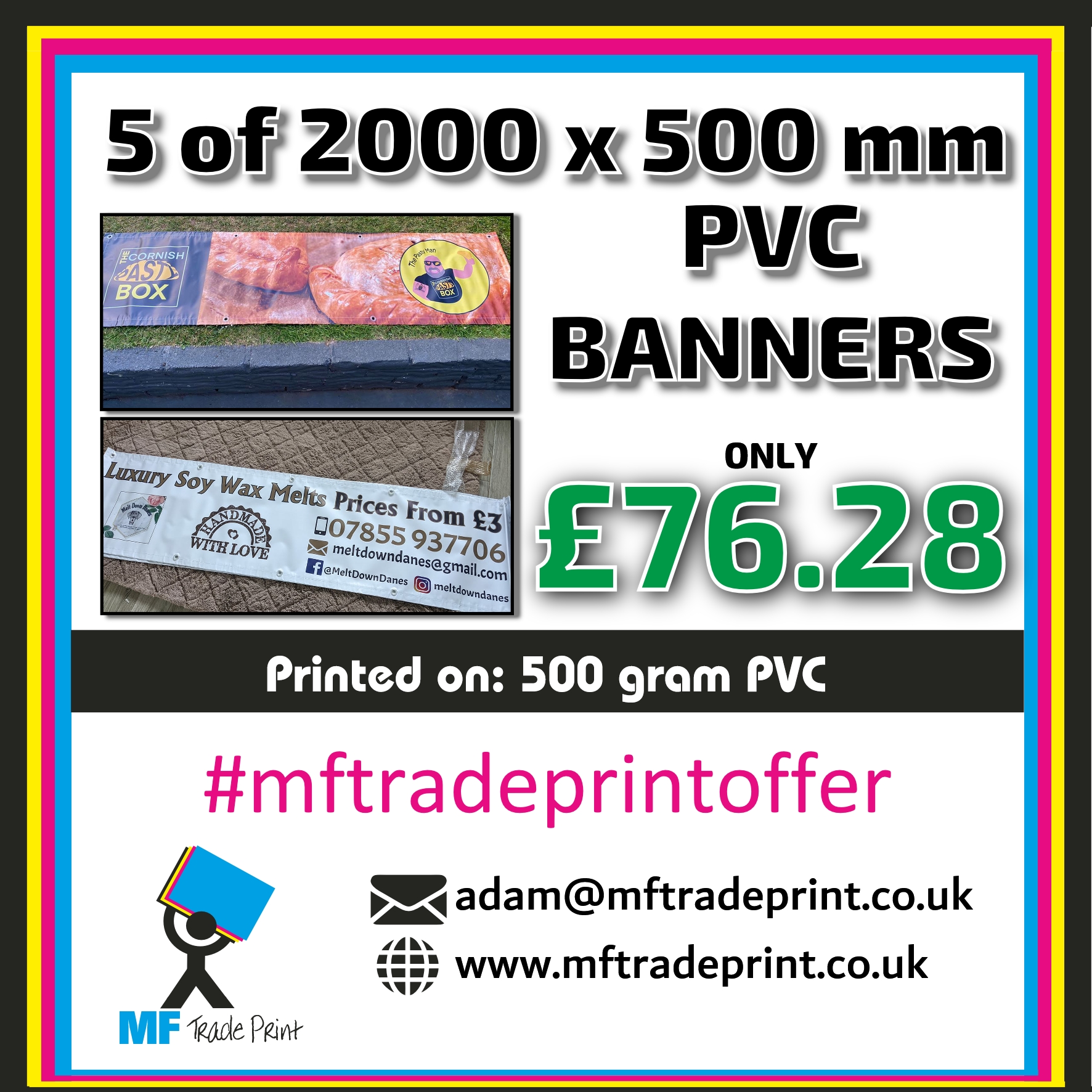5 of 2000 x 500 mm Banners (2 meter x 1/2 meter) Offer Price £76.28 ...