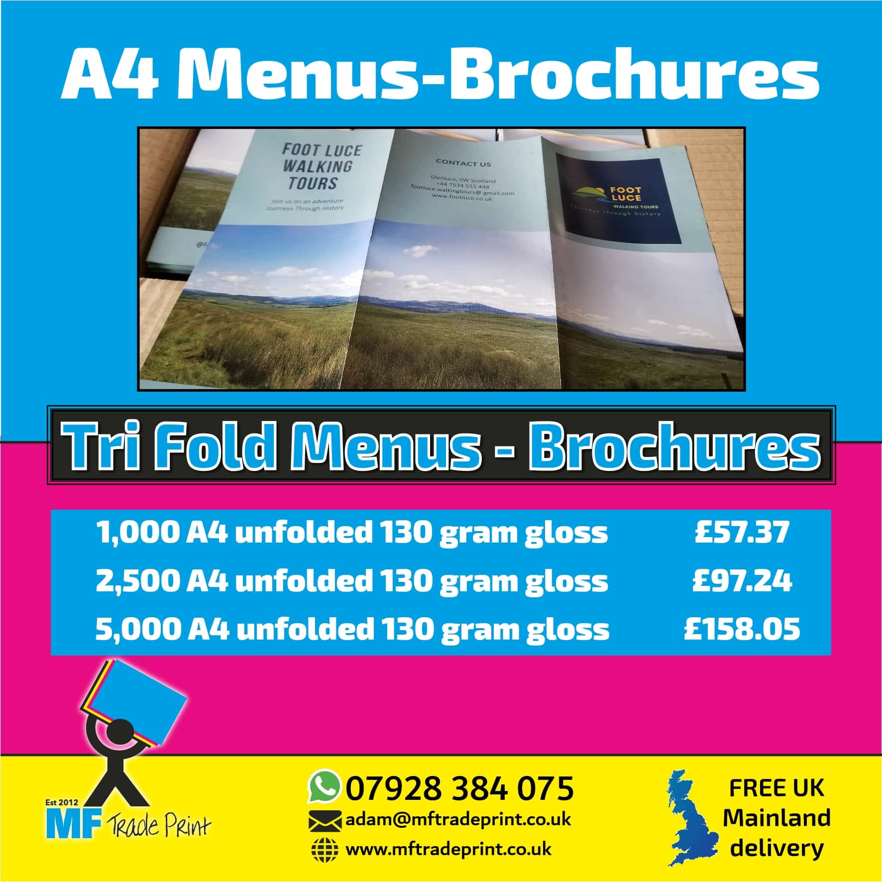 A4 Tri Folded Flyers Menus Brochures | MF Trade Print - Scotland - England